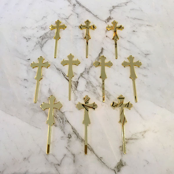 10 x Cross Acrylic Gold Mirror Christening Baptism Cupcake Toppers ...